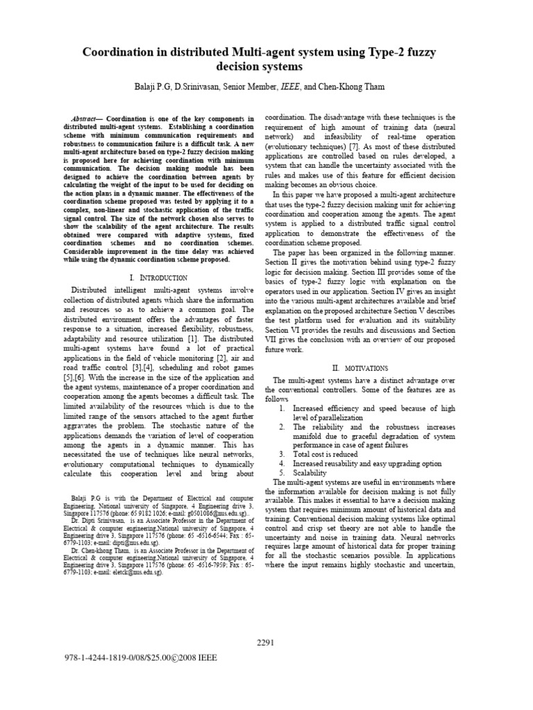Coordination in Distributed Multi-Agent System Using Type-2 Fuzzy Decision Systems | PDF