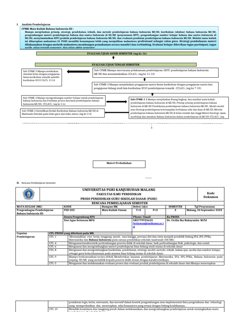 RPS Pengembangan Pembelajaran Bahasa Indonesia SD 2024 | PDF