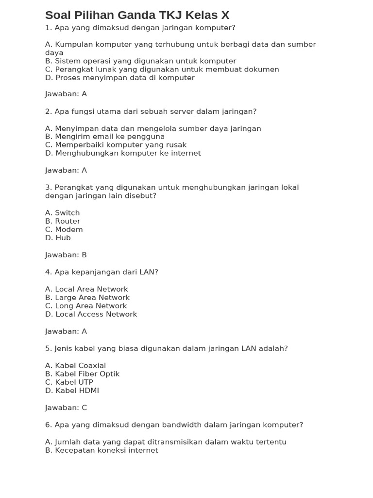 Soal Pilihan Ganda TKJ Kelas X | PDF