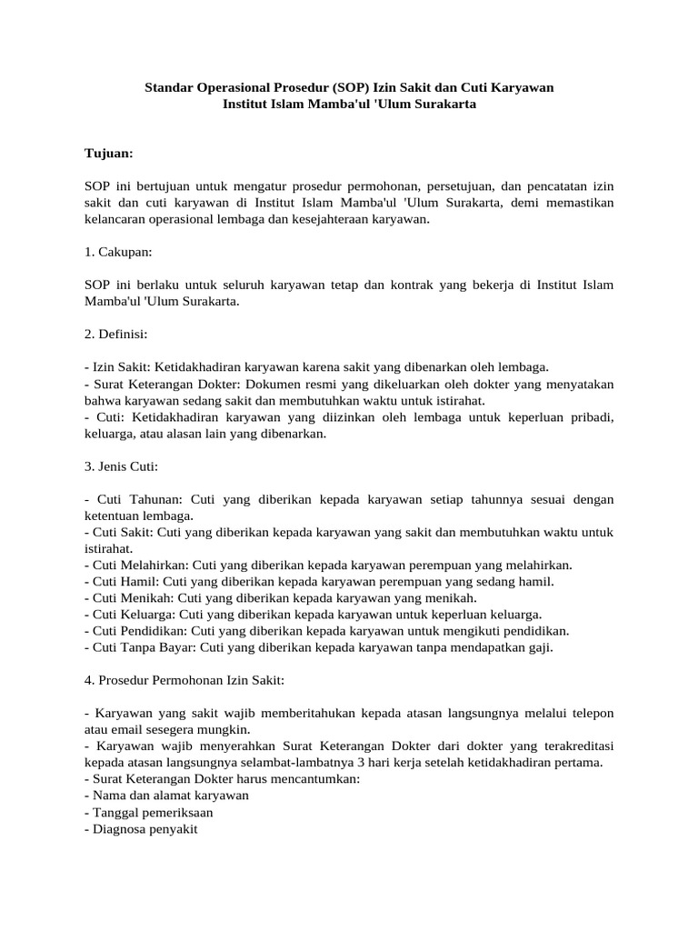 Standar Operasional Prosedur Ijin Sakit | PDF