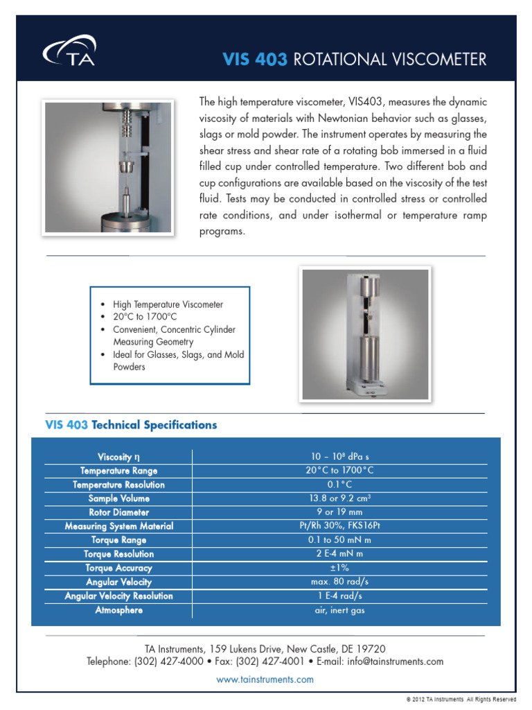 1201 High Temp Viscometer Model VIS403 Cutsheet | PDF