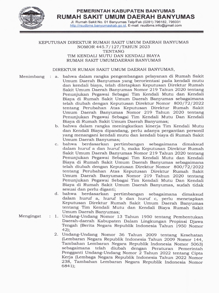 SK No 445.7-127 Tahun 2023 Tentang Tim Kendali Mutu Dan Kendali Biaya Rsud Banyumas 2023 | PDF