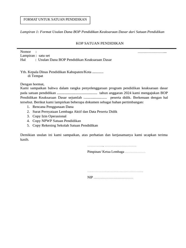 KD - Format Usulan Bop KD - Diisi Oleh Satuan Pendidikan | PDF