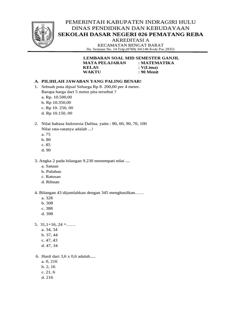 Soal MTK Kls 5 SD 026 | PDF