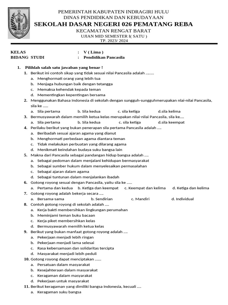 Soal Mid 1 PPKN Kelas 5 Bu Salma Ok | PDF