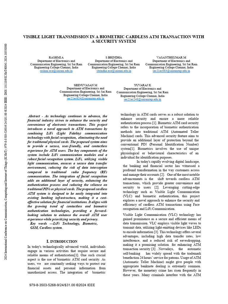 Visible Light Transmission in A Biometric Cardless ATM Transaction With A Security System | PDF ...