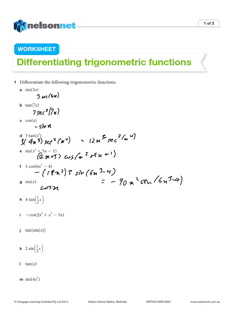 Diff Trig Functions Nelson Et WK SHT | PDF
