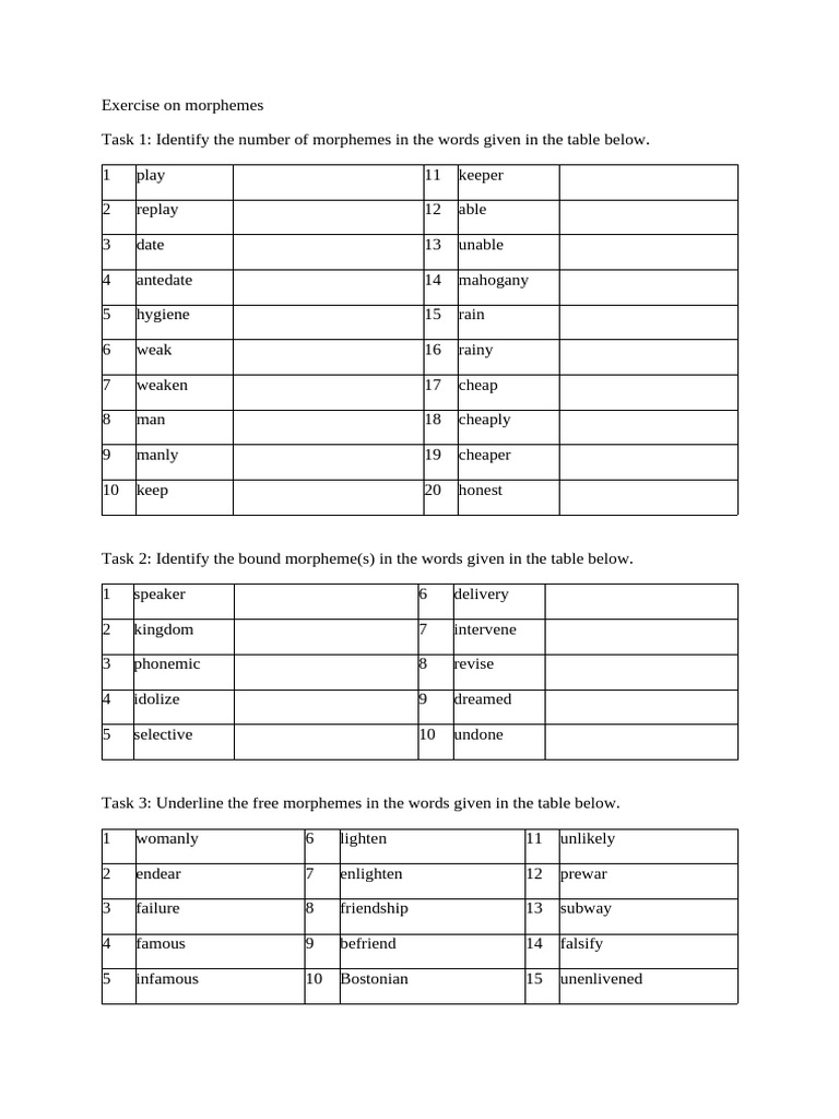 Exercise On Free and Bound Morphemes | PDF