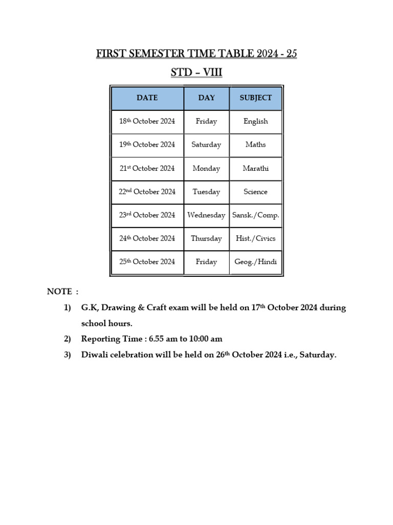 STD Viii First Semester Time Table 2024 25 | PDF