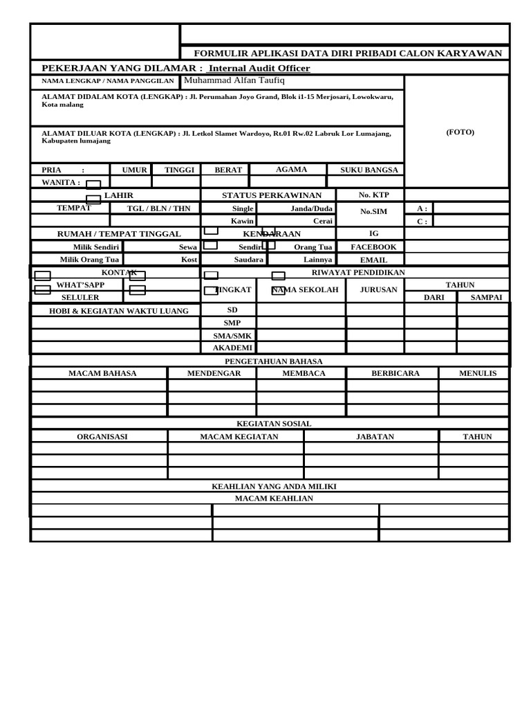 Form Data Diri Kandidat FNB | PDF