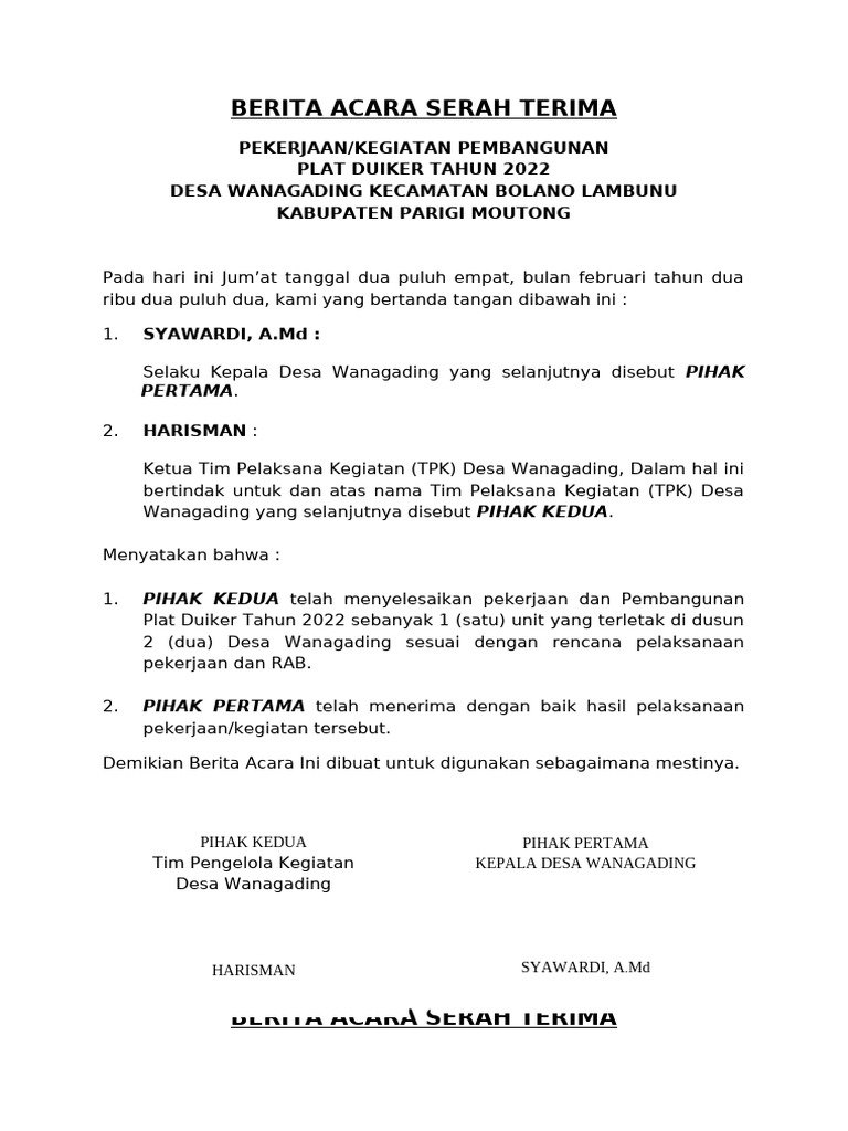 Berita Acara Serah Terima TPK Ke Kades | PDF