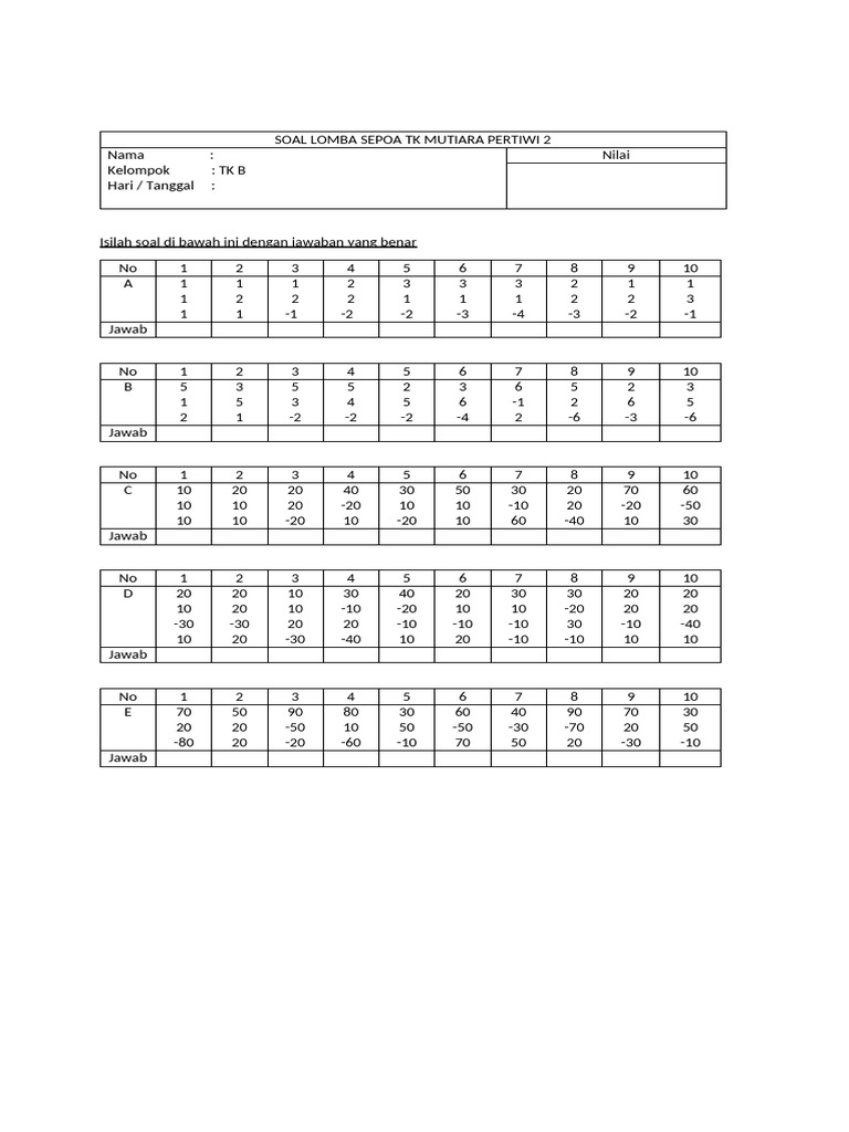 Soal Lomba Sepoa TK Mutiara Pertiwi 2 | PDF