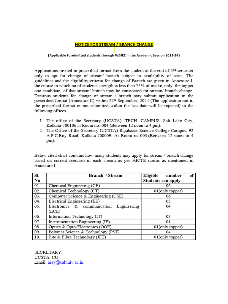 Stream/Branch Change Notice 2023-24 | PDF