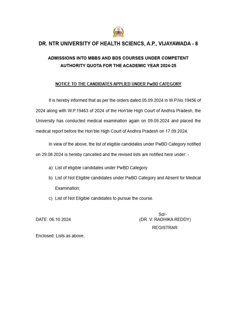 MBBS & BDS COURSES ADMISSION CQ 2024-25 NOTICE TO THE CANDIDATES ...