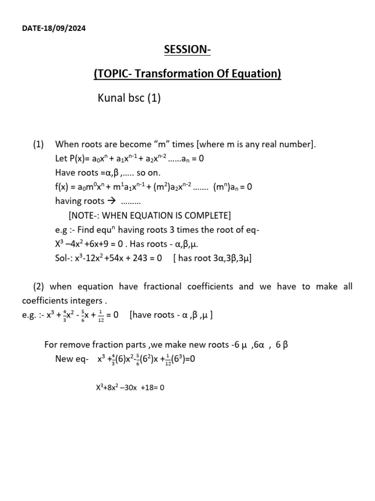 Kunal BSC (1) : Session - (TOPIC - Transformation of Equation) | PDF