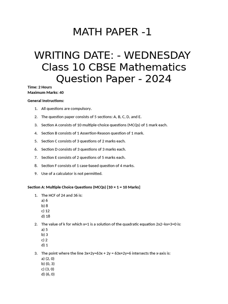 Math Self Test Paper - 1 | PDF