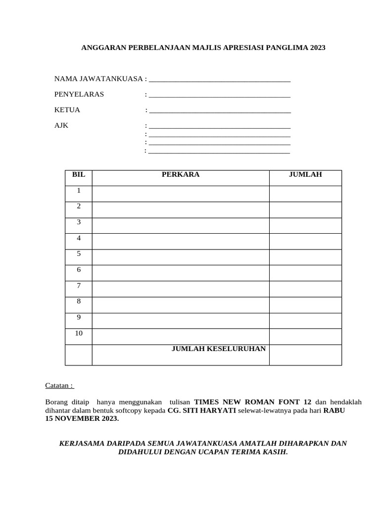 Borang Anggaran Perbelanjaan Majlis Apresiasi Panglima 2023 | PDF