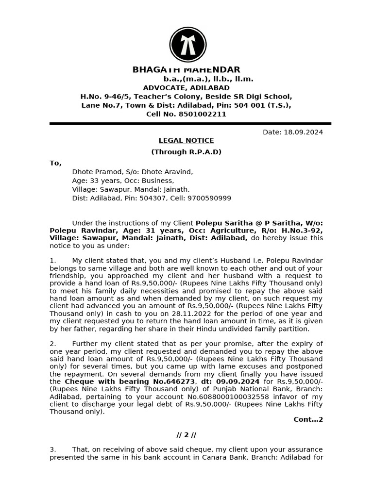 Legal Notice-NI Act-P Saritha | PDF | Cheque | Business