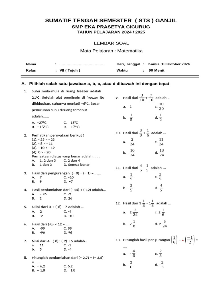 Soal MTK Kelas 7 | PDF