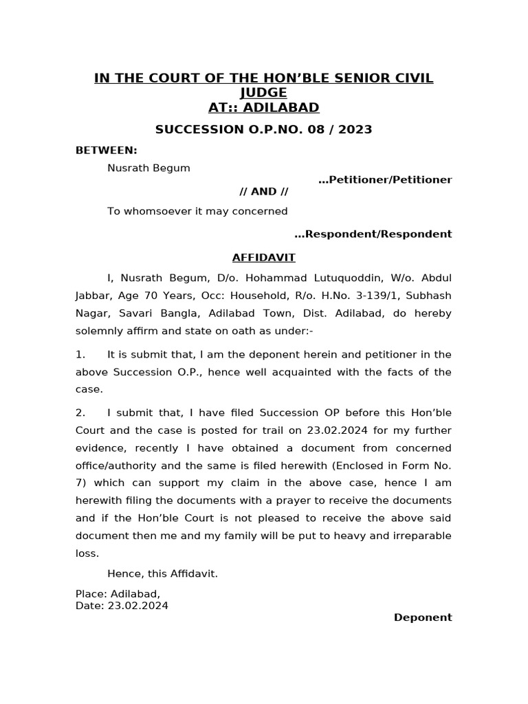 Succession OP Nusrath Begum | PDF | Affidavit | Lawsuit