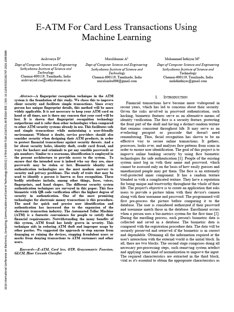 E-ATM For Card Less Transactions Using Machine Learning | PDF