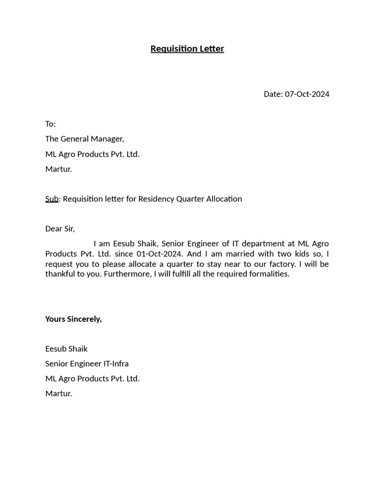 Requisition Letter: Yours Sincerely | PDF