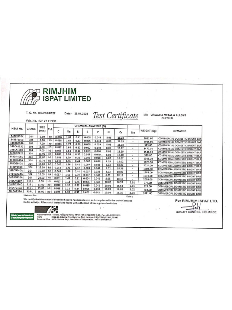 Material Test Report | PDF