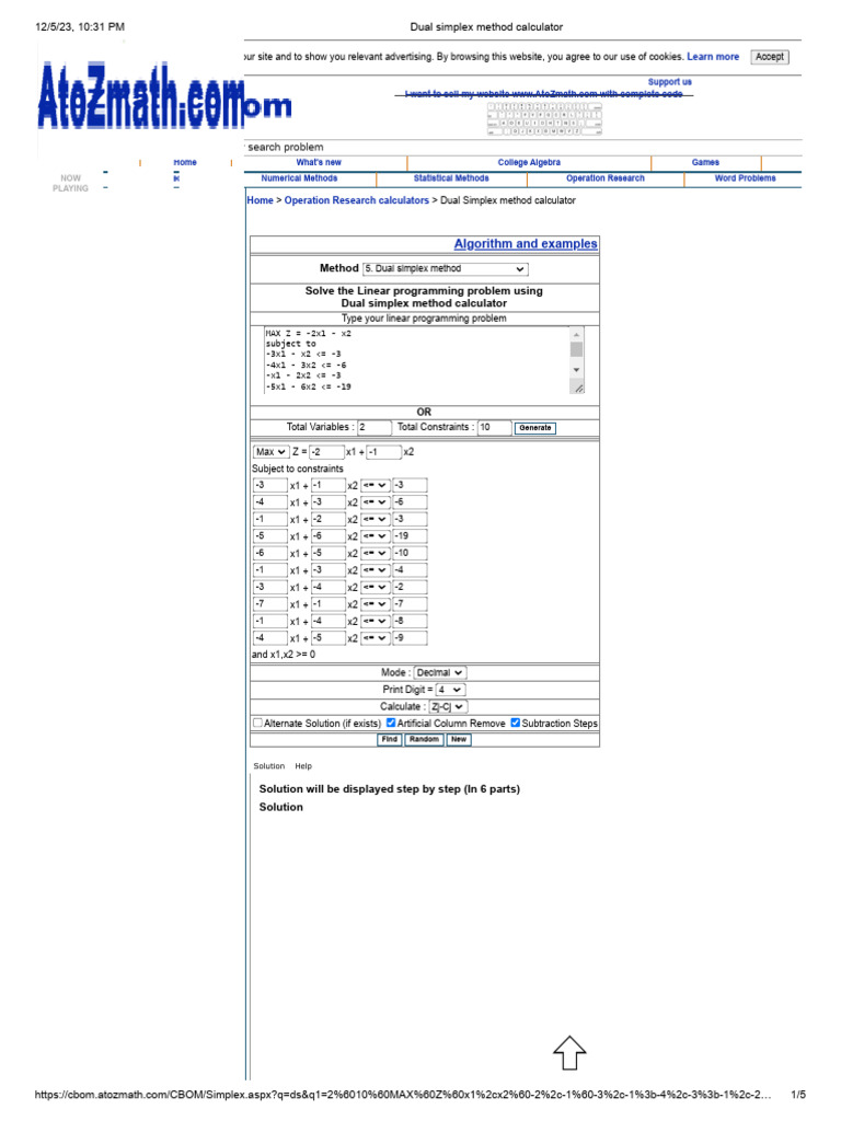 Dual Simplex Method Calculator | PDF