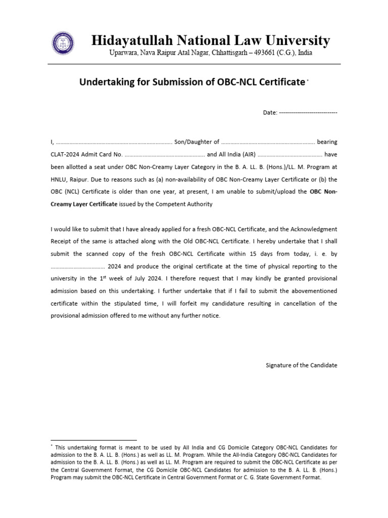 Undertaking For Submission of OBC NCL Certificate 1 | PDF