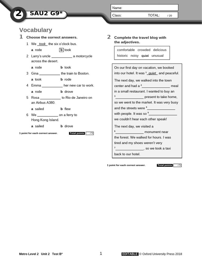 Metro Level 2 Unit 2 Test B One Star - Копия | PDF