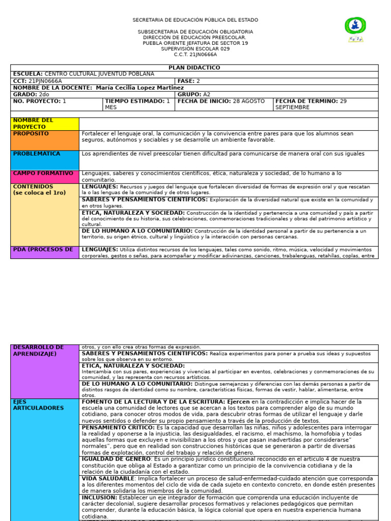 Proyecto 3ro Plan Didactico Septiembre 1 | PDF