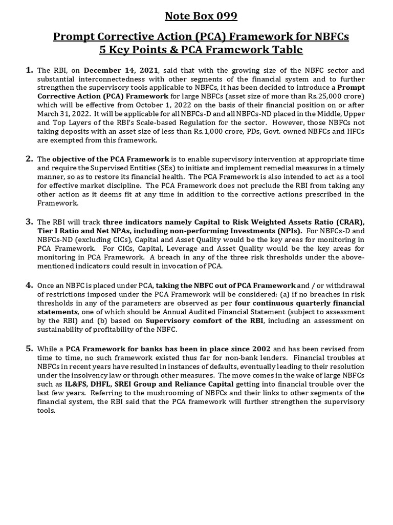 Note Box 099 - PCA Norms For NBFCs | PDF