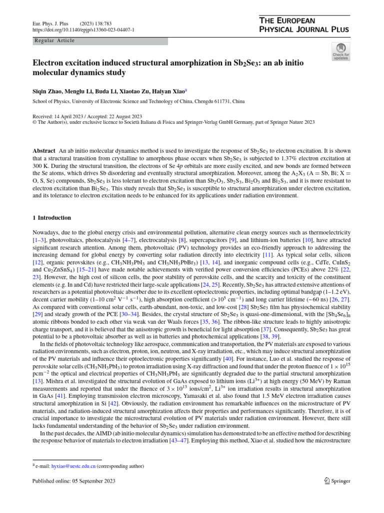 Electron Excitation Induced Structural Amorphization in Sb2Se3 An Ab Initio Molecular Dynamics ...