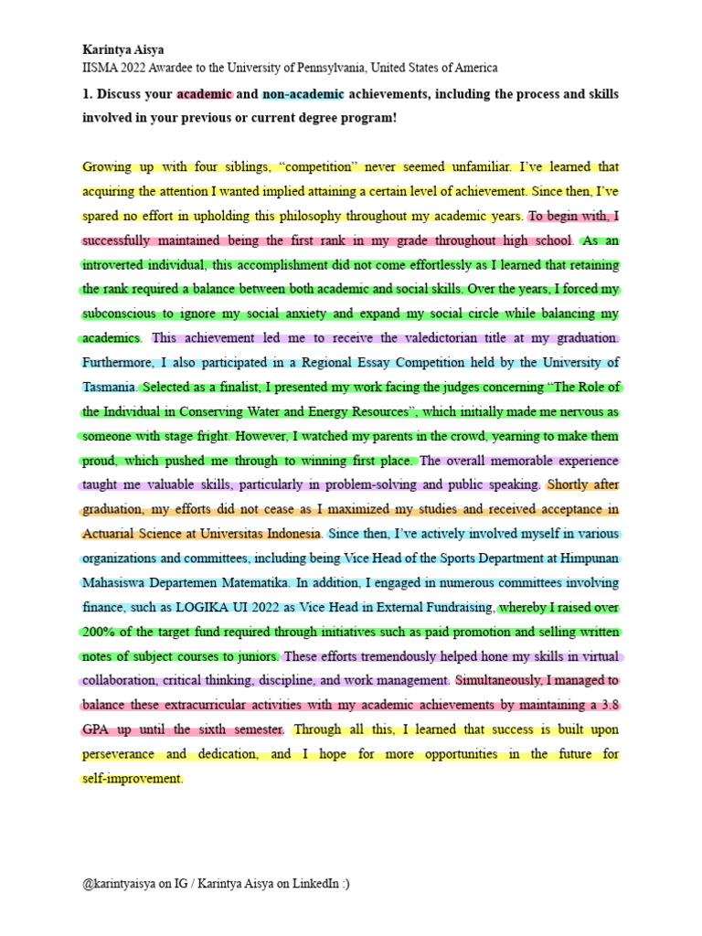 IISMA Essay - Karintya Aisya UPenn | PDF
