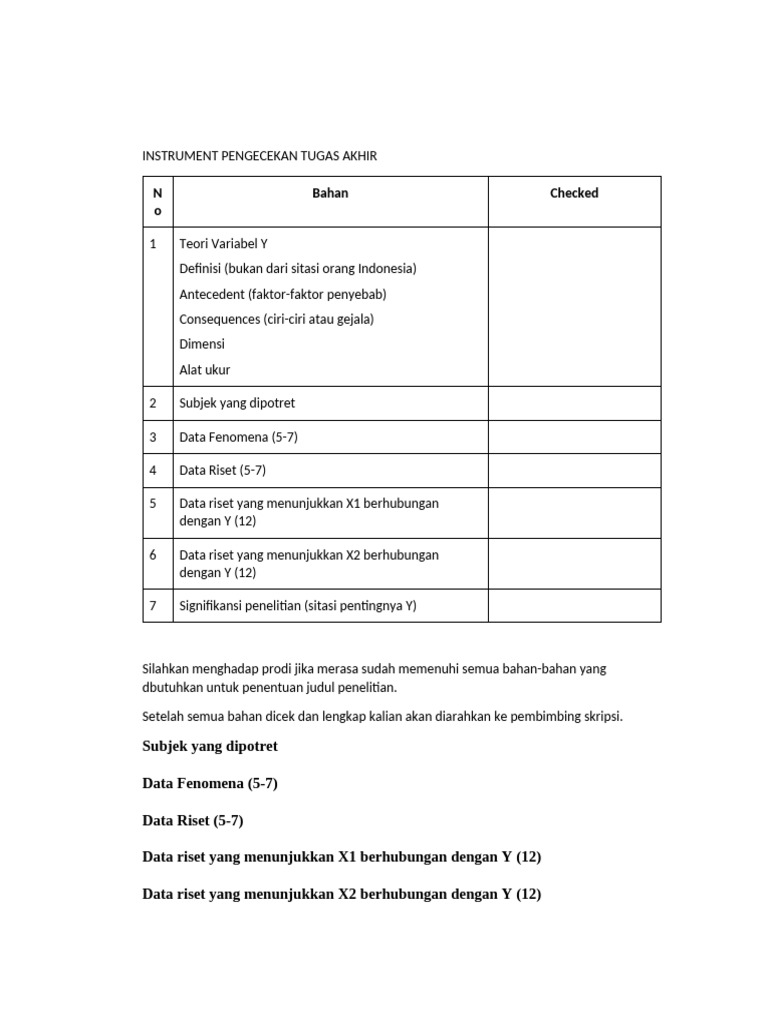 Contoh Instrumen Pengecekan Tugas Akhir | PDF