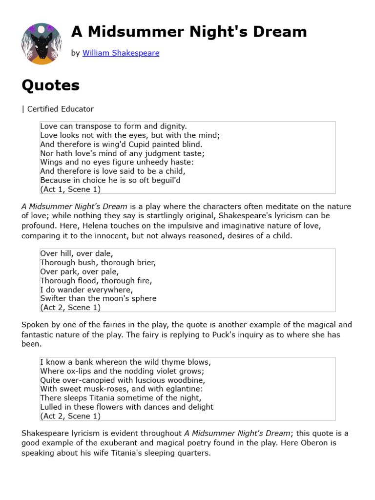 A Midsummer Night's Dream Quotes | PDF