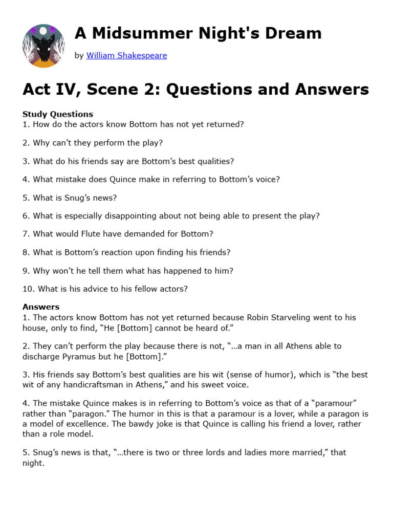 A Midsummer Night's Dream Act IV, Scene 2 - Questions and Answers | PDF