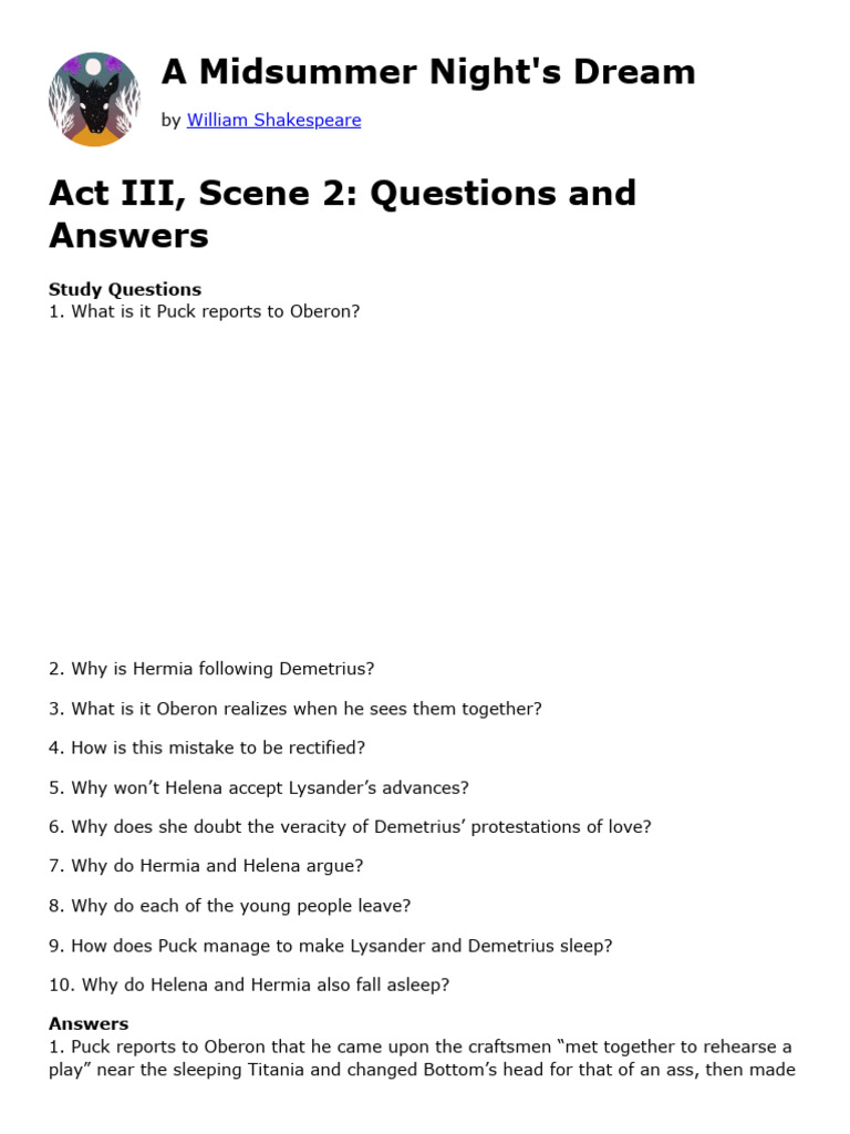 A Midsummer Night's Dream Act III, Scene 2 - Questions and Answers | PDF