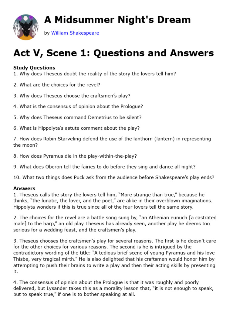 A Midsummer Night's Dream Act V, Scene 1 - Questions and Answers | PDF