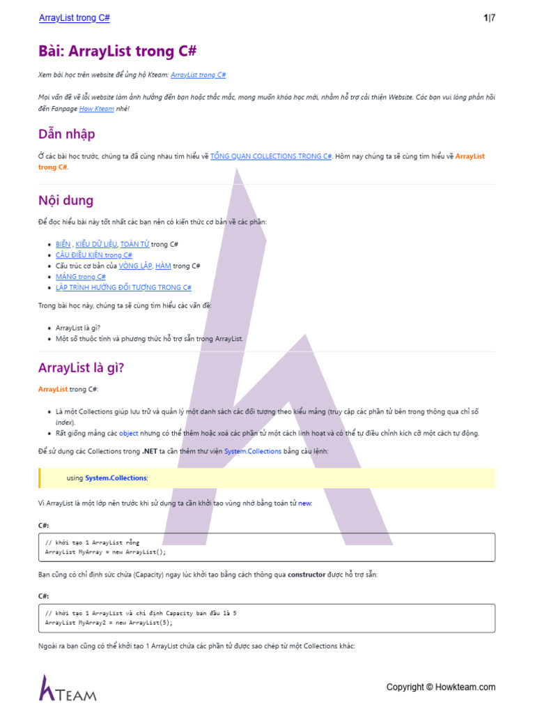 HOWKTEAM - VN - ArrayList Trong C# | PDF