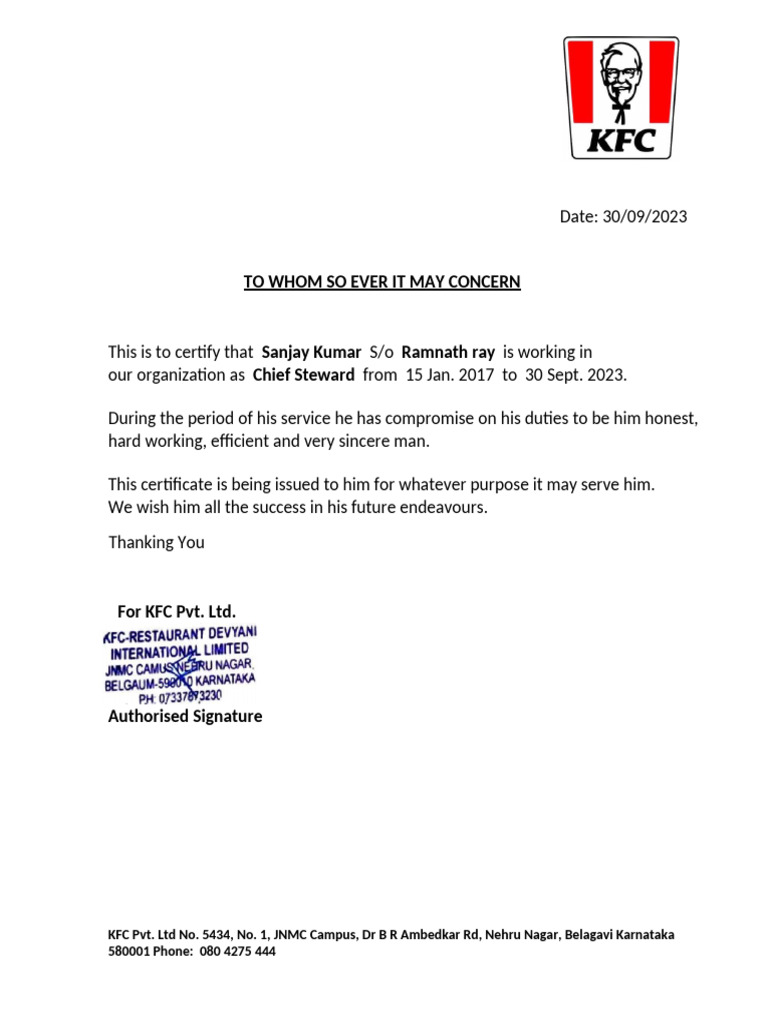 KFC Experience Letter | PDF | Career & Growth | Business