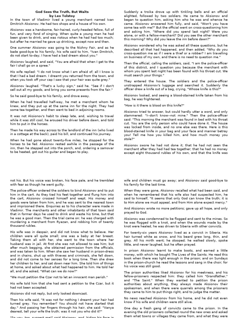 God Sees The Truth But Waits by Leo Tolstoy | PDF