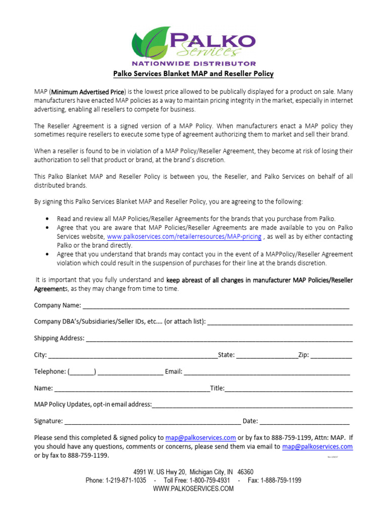 Palko Services Blanket Map and Reseller Policy Form | PDF