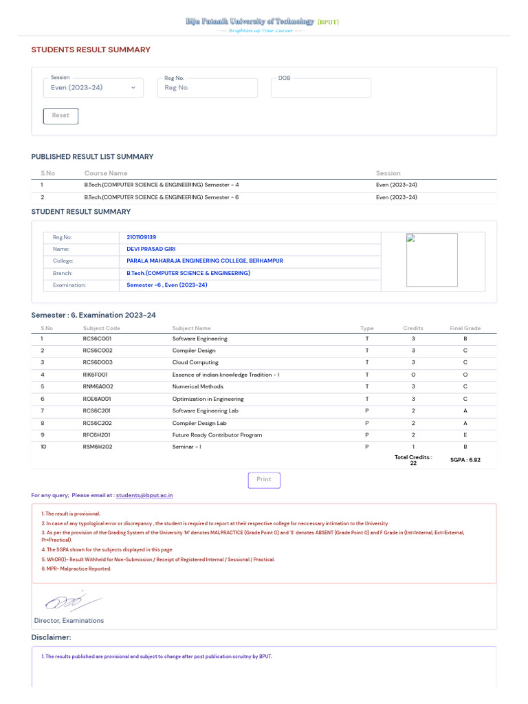 Bput Exams - Results 6th Sem | PDF