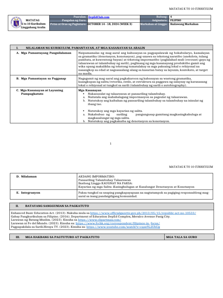 DLL Matatag - Filipino 4 Q2 W3 | PDF