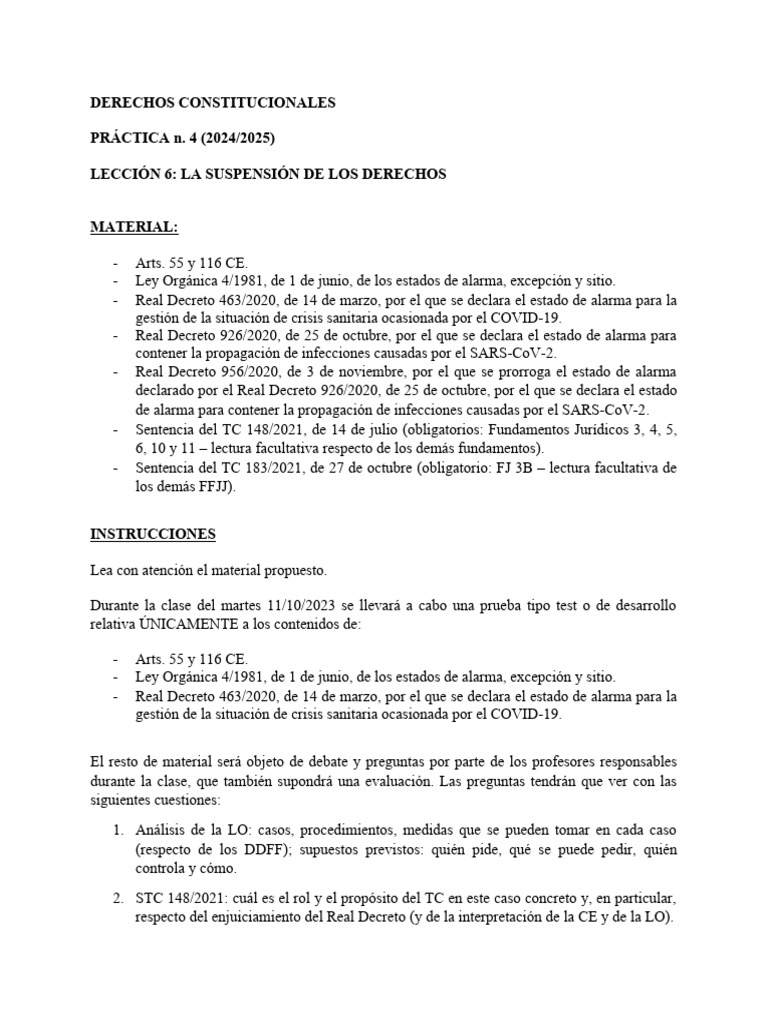 Práctica DDCC N. 4 - La Suspensión de Los Derechos 2024-25 | PDF