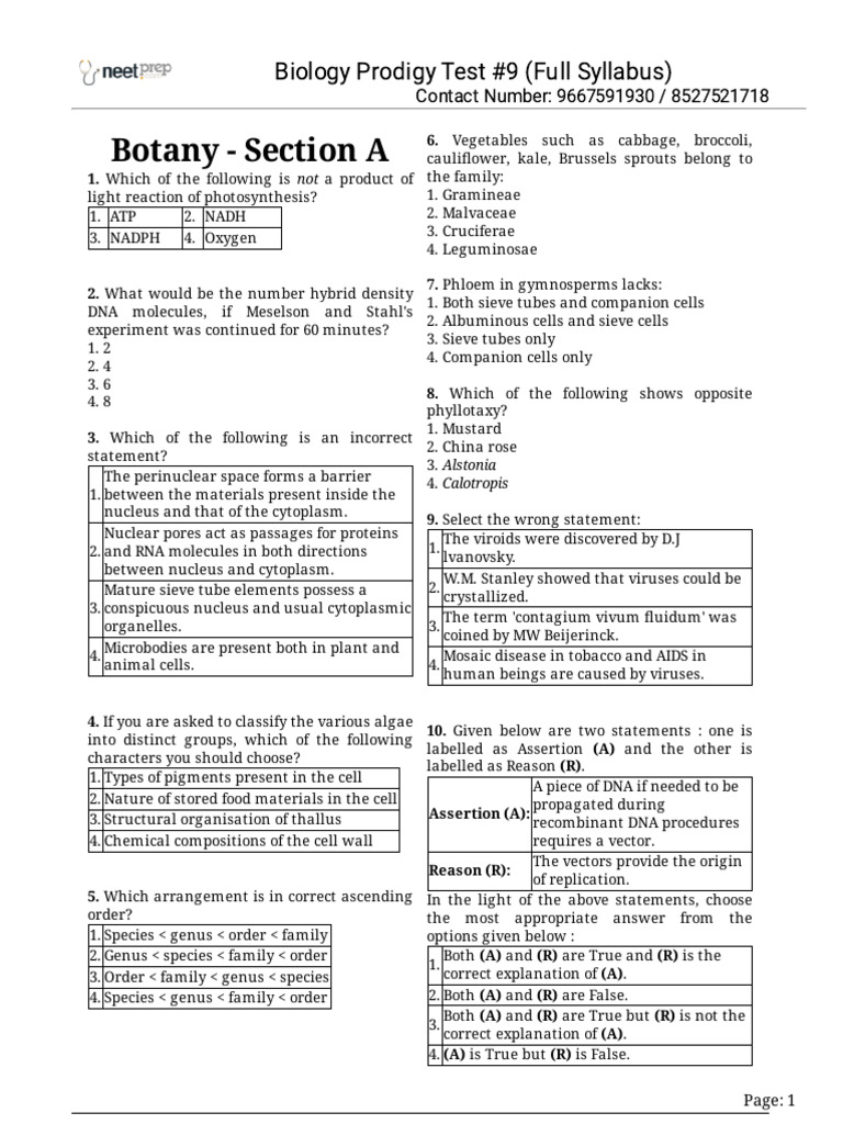 Biology Prodigy Test #9 (Full Syllabus) | PDF | Cell (Biology) | Cell ...