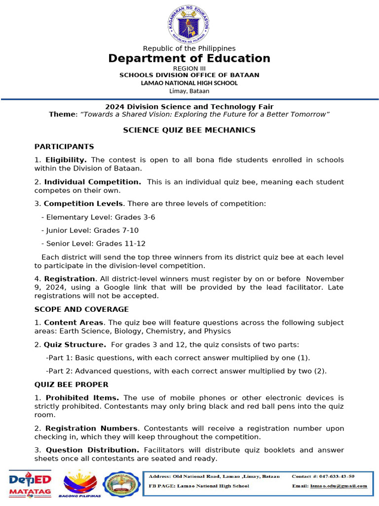 2024 Science Quiz Bee Mechanics | PDF