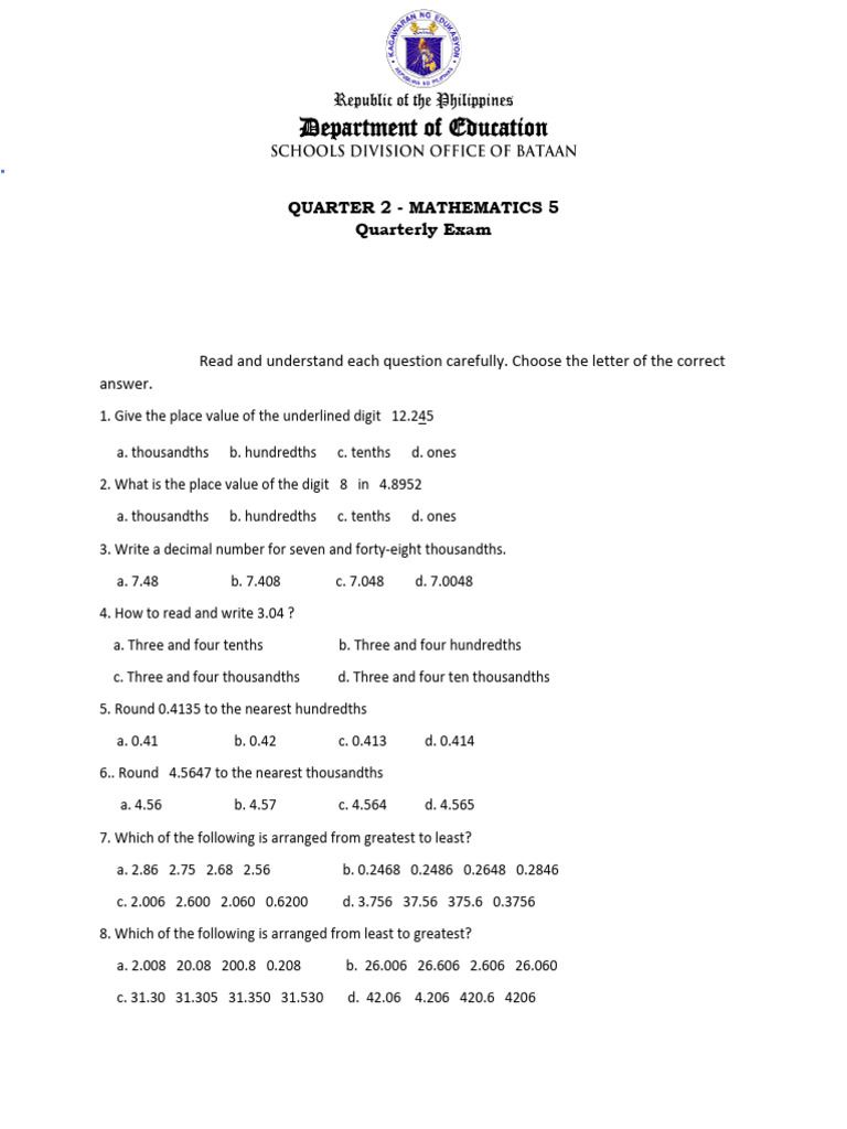 Math 5 Test Questions 2nd Quarter | PDF