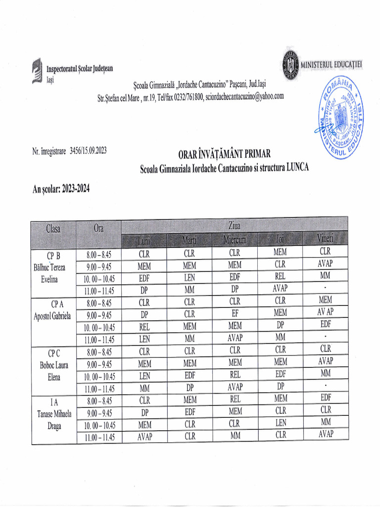 Orar Pe Clase 2023-2024 | PDF